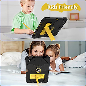 YIMIKOL Case for ipad 10th Generation Case Kids 10.9 inch 2022, Slim Heavy Duty Shockproof Rugged Protective Cover with Built-in Stand for iPad 10th Case 10.9'' for Kids Boys Girls, Black+Gold