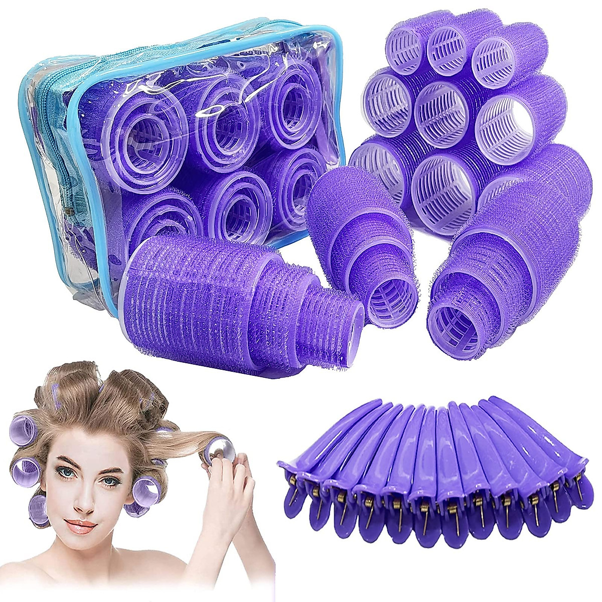 ROPIKIS Hair Rollers Set - Self-Grip Velcro Curlers for Volume and Blowout Look on Thick, Fine, Medium or Long Hair (6 Large, 6 Medium, 6 Small, 12 Clips)