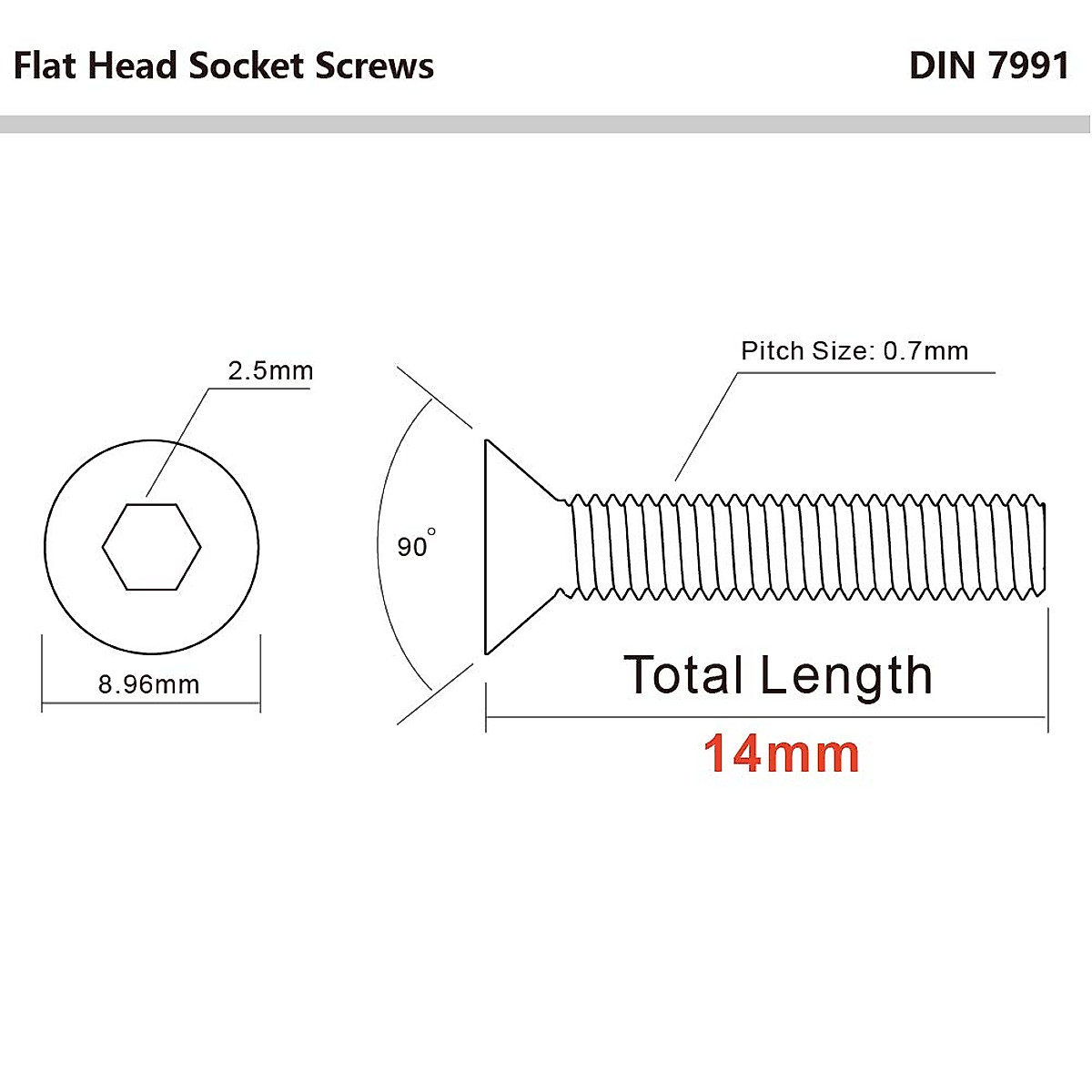 M4-0.7 x 14mm Flat Head Socket Cap Screws Countersunk Bolts, Stainless Steel 18-8 (304), Bright Finish, DIN 7991, Allen Socket Drive, 100 PCS