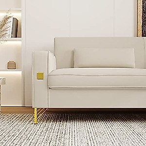 Lostcat Velvet Sofa Couch Mid Century Modern Upholstered 3-Seater Loveseat with 2 Pillows and Armrest for Living Room, Apartment and Small Space, Cream White