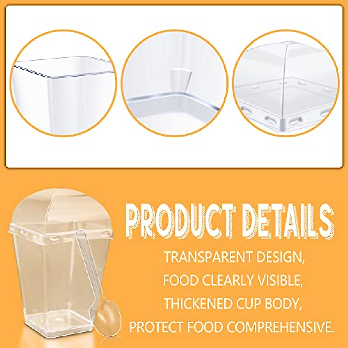 Vmiapxo 50 Pack 5oz Dessert Cups with Dome Lids and Spoons, Desserts Containers Clear Serving Bowls Fruit Salads Parfait Cake Pudding Charcuterie Plastic Cups for Wedding Birthday Christmas (Square)