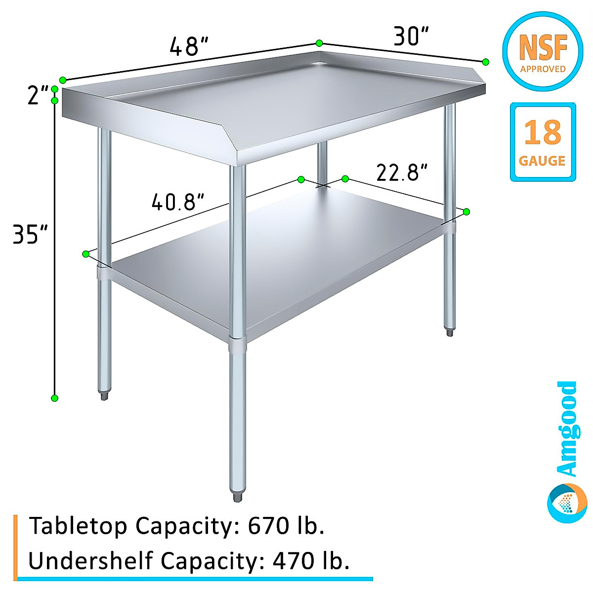 AmGood Commercial Work Table with Backsplash and Sidesplashes | Height: 35" | Stainless Steel Prep Table for Kitchen, Restaurant, Garage, Laundry | NSF (48" Long x 30" Deep)