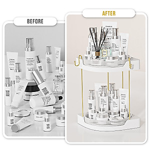 Asayuee 2-Tier Corner Bathroom Counter Organizer with Spinning Tray, Corner Skincare Organizers, Large Bathroom Countertop Organizer, Exquisite Vanity Organizer (Clear, 2-Tier)