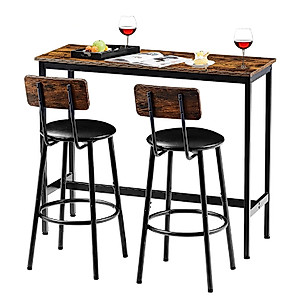 Tatub Bar Table and 2 Chairs Set, Industrial Style Bar Stools PU Upholstery Seat with Backrest, 3 Pieces Pub Dining Table Set for Kitchen, Apartment, Small Space, Brown