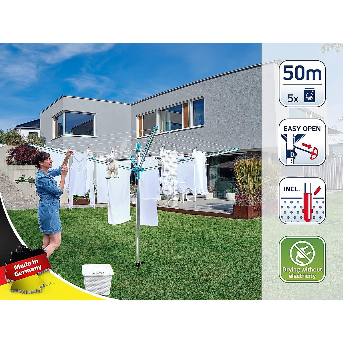 Leifheit Linomatic 500 Easy Dryer 50m Retract to Stay Clean, All Rust-Free Aluminium, 3.28m Turning Diameter, Longest Length 2.03m Pull-Open, Rotary Clothes line Airer, Turquoise, Large