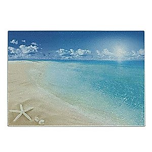 Ambesonne Beach Cutting Board for Kitchen and Serving Sunny Summer Seashore Clear Sky Seashells Starfish Clouds Aquatic Picture Decorative Machine Washable Sturdy Tempered Glass Large Size, Cream Blue