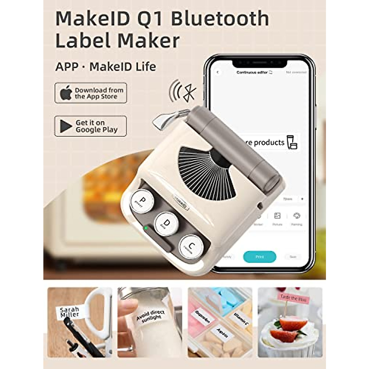 MakeID Label Maker HD(300dpi) - Personalized Smart Q1 Wireless Handheld Printer Compatible With iPhone & Android Phones - Portable Label Makers for Organizing Home & Office Supplies Printing Name Tags