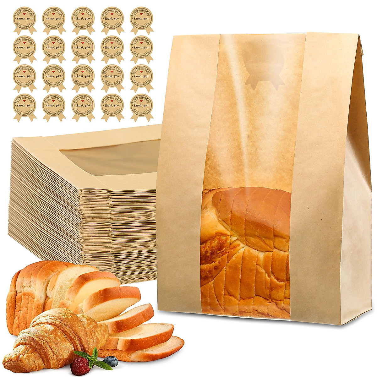 AZLTC 25 Pcs Brown Paper Bread Bags with Window, 50% Thicker, 13.7x8.3x3.7in, Disposable, Paper with Plastic Window, Perfect for Homemade Bread, Sourdough, Sandwiches & Snacks