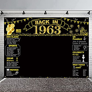 DARUNAXY 60th Birthday Black Gold Party Decoration, 7x5ft Back in 1963 Backdrop for Men 60 Years Old Birthday Party Poster Supplies for Women Vintage 1963 Banner Background 60th Class Reunion Decor