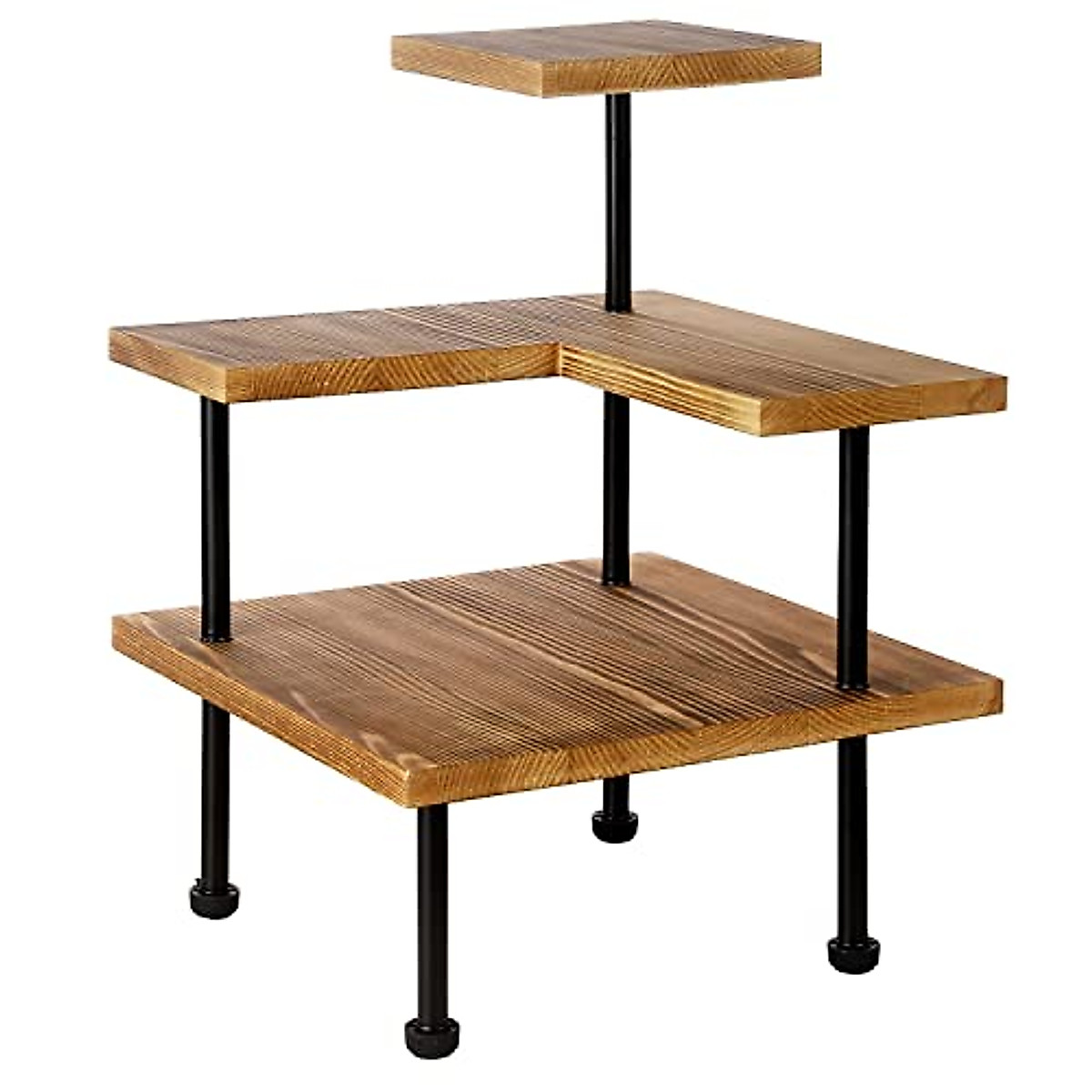MyGift 3 Tier Rustic Burnt Wood Kitchen Countertop Corner Shelf, Counter Spice and Condiment Storage Display Rack, with Black Industrial Metal Pipe Legs