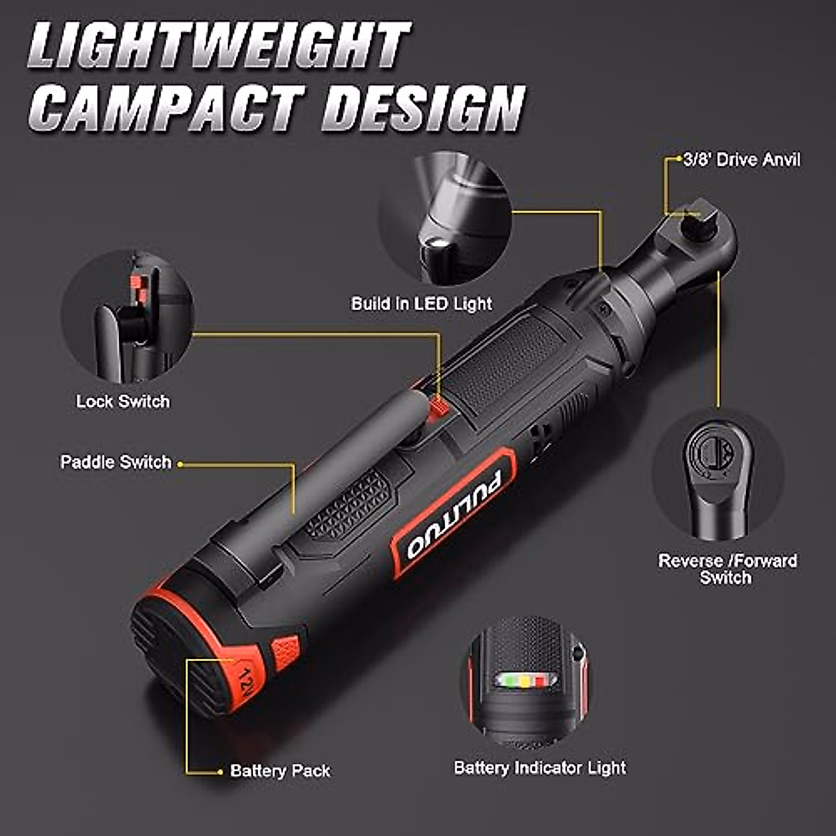 PULITUO Cordless Electric Ratchet Wrench 3/8", 12V Power Ratchet Tool Kit 37 Ft.Lbs (50 N.m) with 2-PACK 2000mAh Lithium-Ion Batteries, 45 Min Fast Charger, Variable Speed 10 Sockets