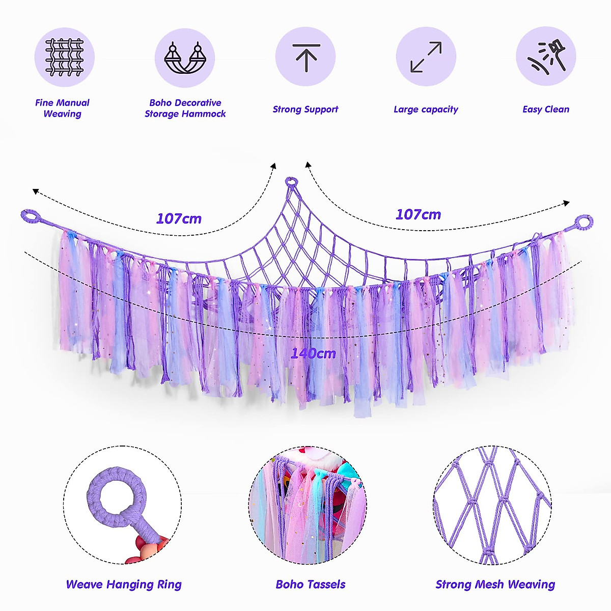 ieBabay Stuffed Animal Net or Hammock with Led Light, Boho Stuffed Animal Storage Organizer, Plush Toy Hammock Net, Hanging Plushie Net, Toddler Hammock for Nursery Room Decor