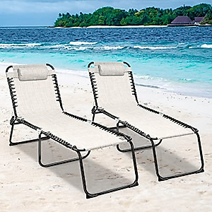Tangkula Outdoor Folding Chaise Lounge Chair, 4-Position Adjustable Reclining Chair with Pillow, Portable Lightweight Beach Lounge Chair for Outdoor, Patio, Lawn, Sunbathing (1, Grey)