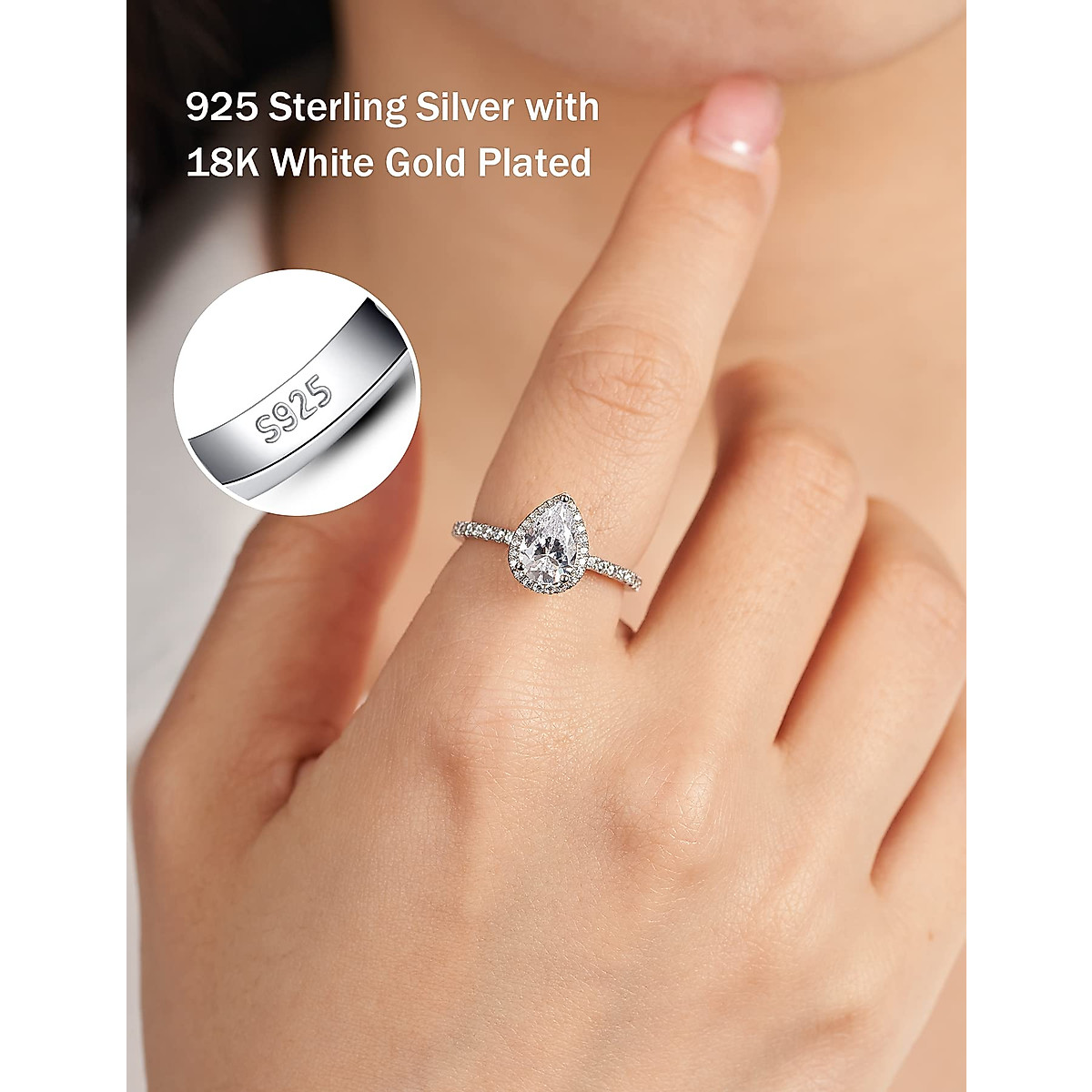 Oivley 2CT Pear Shaped Engagement Rings for Women Teardrop Sterling Silver Rings with 18K White Gold Plated Cubic Zirconia Wedding Rings for Women Promise Rings for Her-70