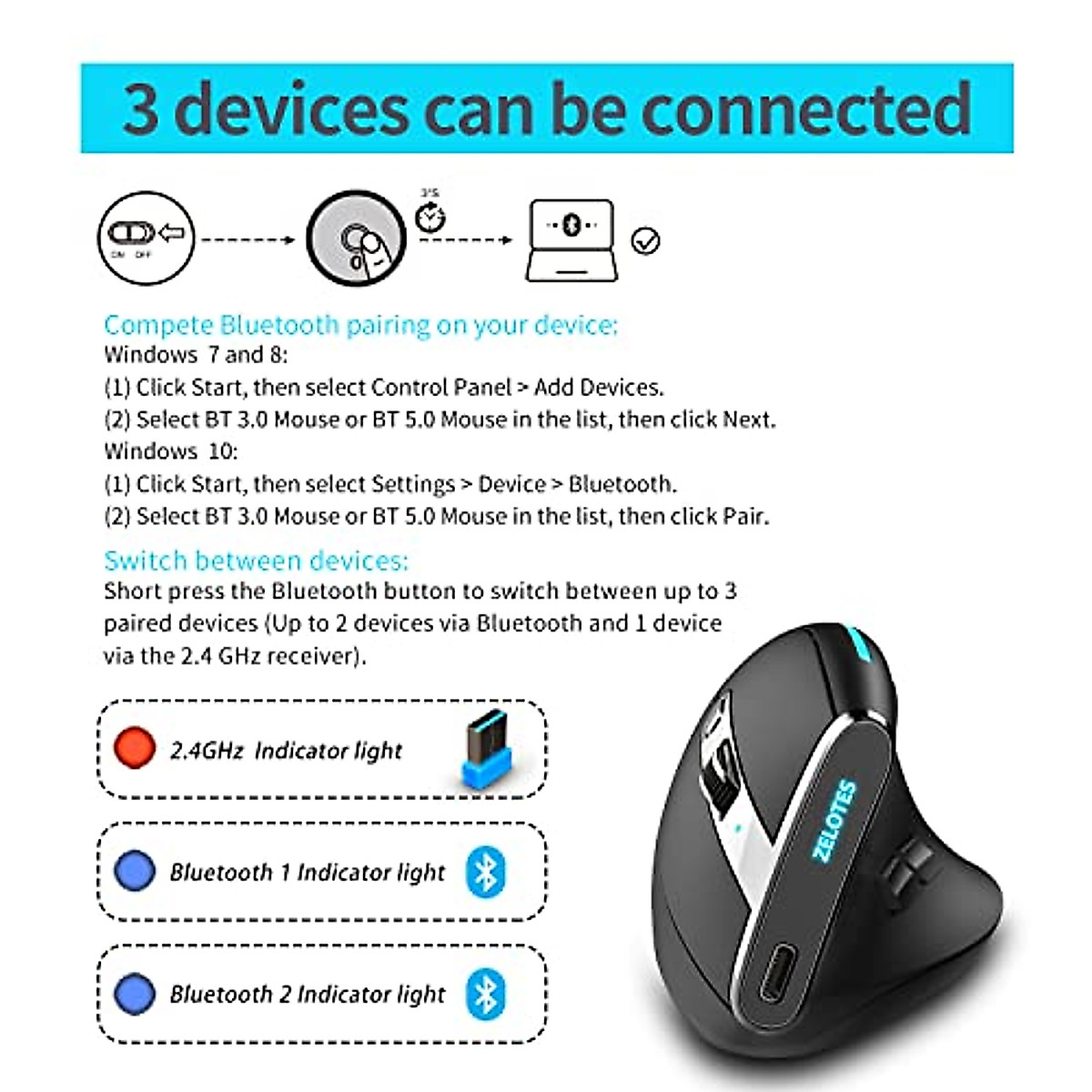 Wireless Bluetooth Ergonomic Vertical Mouse Programmable Custom Buttons Onboard Memory USB Computer Mouse for Office Gaming Right Hand PC Mouse