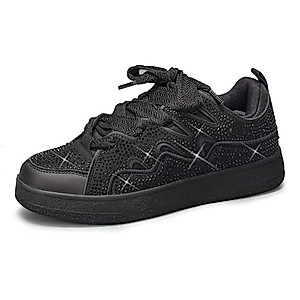 LUCKY STEP Women's Sparkle Rhinestone Fashion Sneakers Walking Tennis Bling Glitter Roaring Shoes Platform Lace up Casual Mesh Sneaker(Black Rhinestone,8.5)