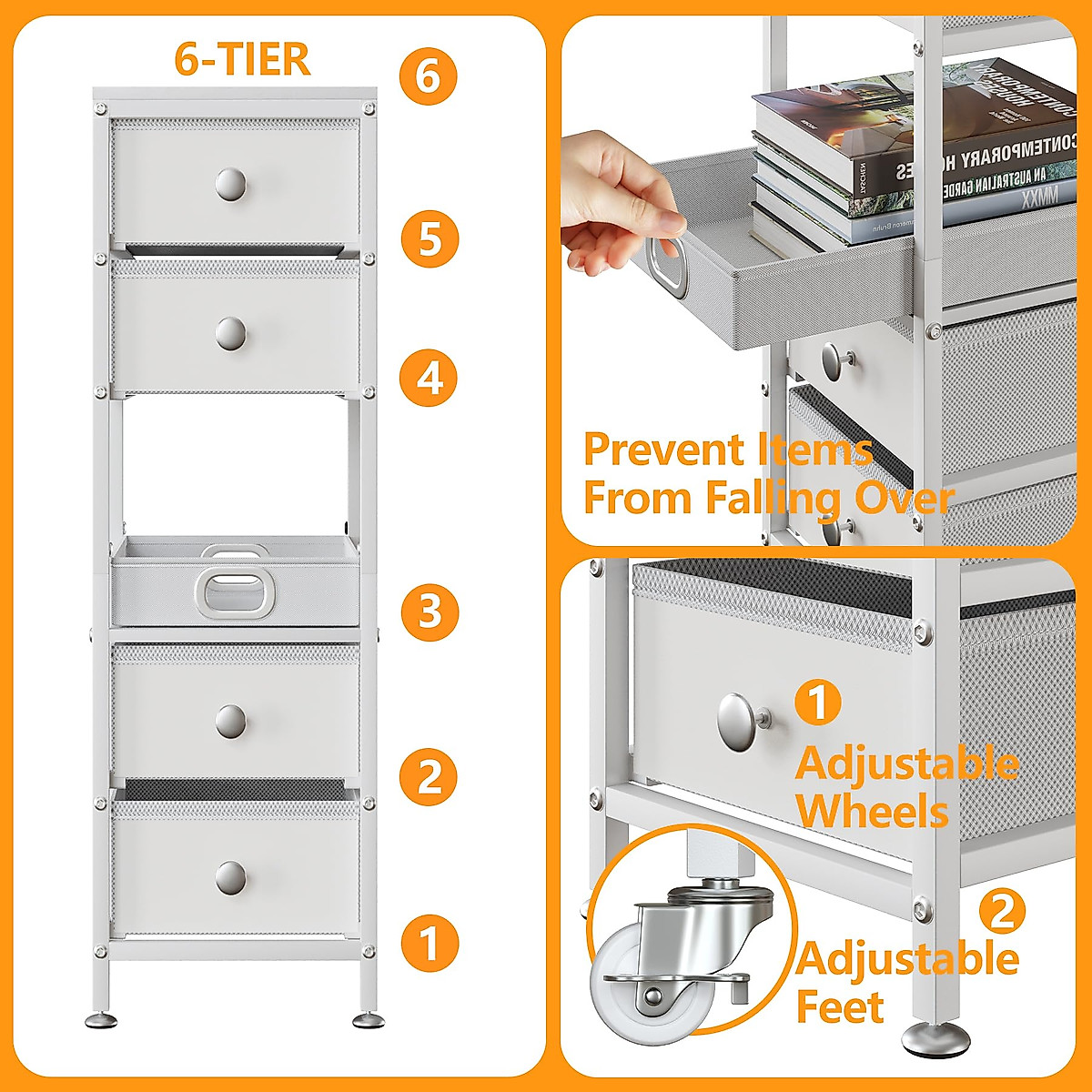 AMBIRD 4-Drawer Dresser,Fabric Dresser Storage with Drawers, Fabric Dresser Tower, Vertical Storage Drawer Units for Bedroom, Hallway, Closet, Office, Move Free with Wheels (White)
