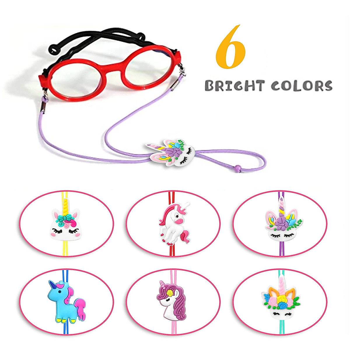 SKYCOOOOL 24 PCS Kids Glasses Strap Rainbow Unicorn Adjuster Anti-slip Silicone Eyeglass Straps Glasses Retainer Cute Decorations For Girls