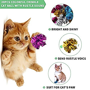WSYUB 42Pcs Crinkle Balls Cat Toy and Spring- 20Pcs Mylar Crinkle Ball Cat Toy, 10Pcs Sparkle Ball Tinsel Pom Poms Glitter, 12 Plastic Spring Cat Toy