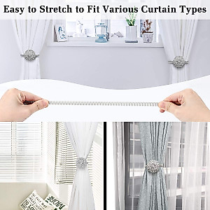 MoKo Crystal Flower Magnetic Curtain Tiebacks, 2 Pack Window Curtain Decorative No Drilling Drapery Holdbacks Flower Curtain Buckle with High-Elastic Spring Wire for Home Office Decor - Silver