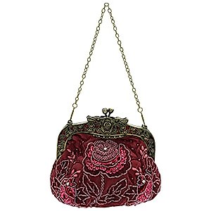 Ro Rox Margeret Vintage Clutch Bag for Women - Floral Beaded Bag for Evening - 2 Removable Shoulder Chain - Antique Kiss Lock with Large Diamantes - Black Sparkly Handbag for Wedding Party, Red