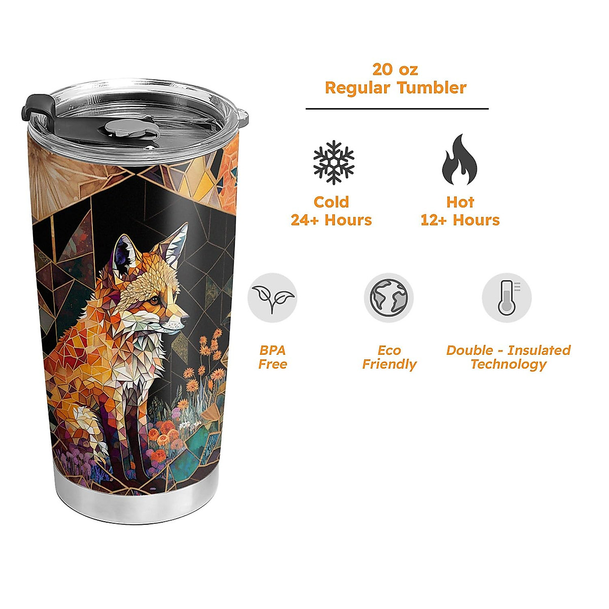 20oz Yellow Citrine Stained Glass Crystal Mosaic Fox Tumbler, Gifts for Fox Lovers, Coffee Thermos for Women, Stainless Steel Double Wall Vacuum Insulated Coffee Mug, Travel Cup with Lid