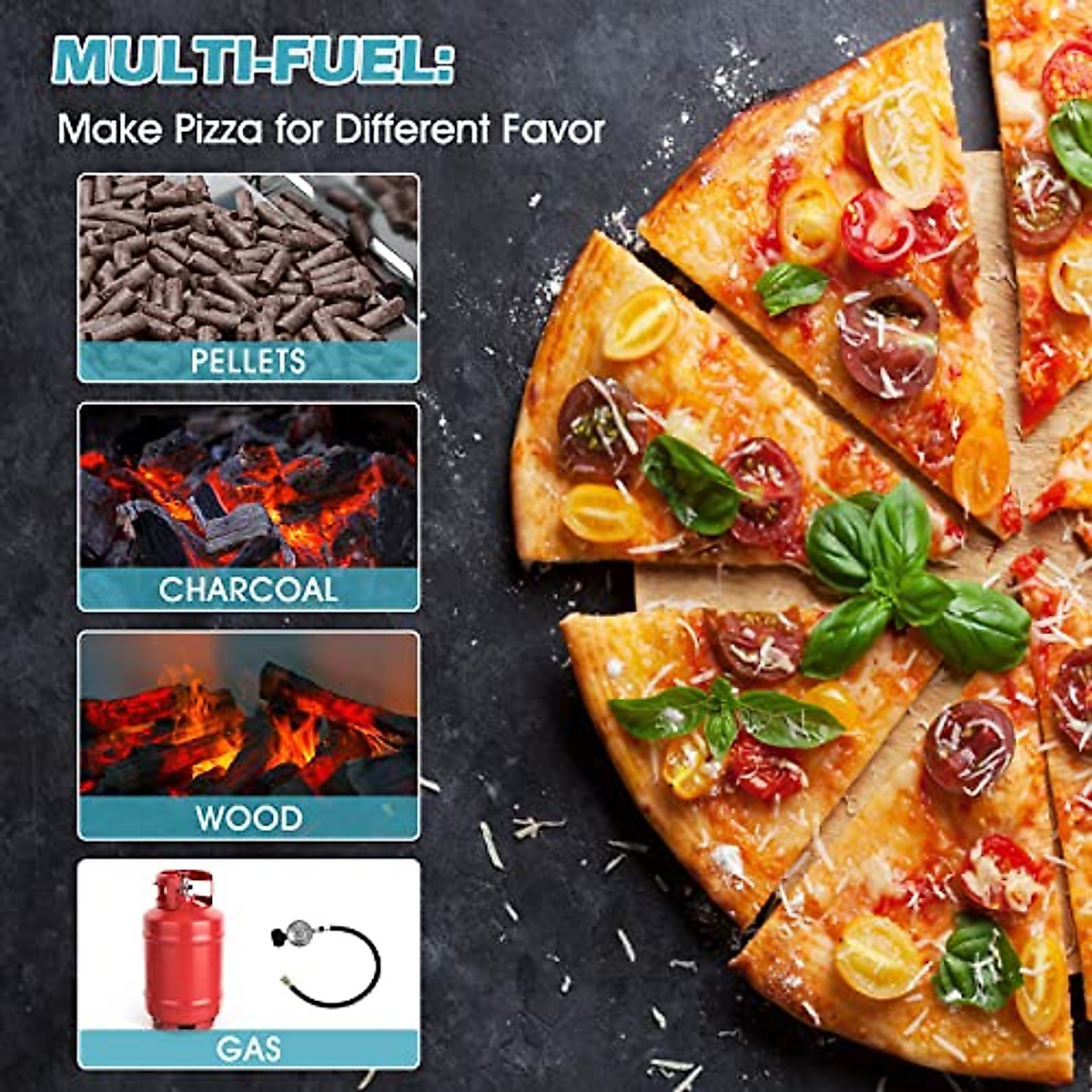 Pizza Oven Outdoor,13" Multi-Fuel Rotatable Pizza Ovens,Portable Wood Fired and Gas Pizza Oven,Stainless Steel 3-Layer Oven,Pizza Maker with Built-in Thermometer,Pizza Cutter & Carry Bag
