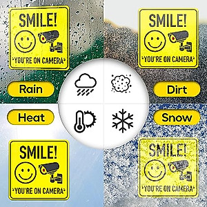 ASSURED SIGNS Smile You're On Camera Signs Stickers - 7 X 7 Inch - 8 Pack - Polite Video Surveillance Security Sign to Prevent Trespassing on Your Private Property - Perfect for House, Business, Yard or Driveway