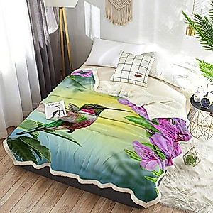 Comfort Her Zon Sherpa Fleece Throw Blanket 49 x 59 Inches Spring Hummingbird Bird Flower Fuzzy Soft Flannel Blanket Reversible Ultra Luxurious Plush Blanket for Bed Couch Sofa- Pink Floral Animal