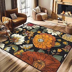Tyrot Black Boho Floral Living Room Rugs Washable 8x10 Area Rug for Bedroom Farmhouse Non Slip Soft Mid Century Modern Accent Rugs Abstract Botanical Floor Carpet for Dining Room Grils Kids Room