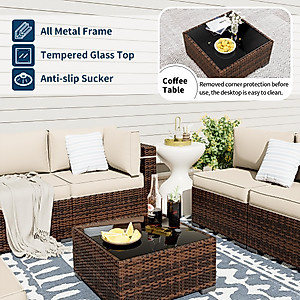 UDPATIO Patio Furniture Sets, Modular Rattan Outdoor Patio Sectional Furniture Sofa Set, Wicker Patio Conversation Set for Backyard, Deck w/Glass Table, 7PC Brown/Cream (Include Sofa Cover)