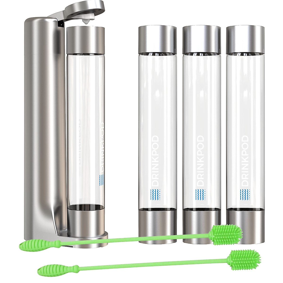 Fizzpod Home Soda Maker Sparkling Water Carbonator With 3 Bottles and 2 Bottle Brushes (Silver)