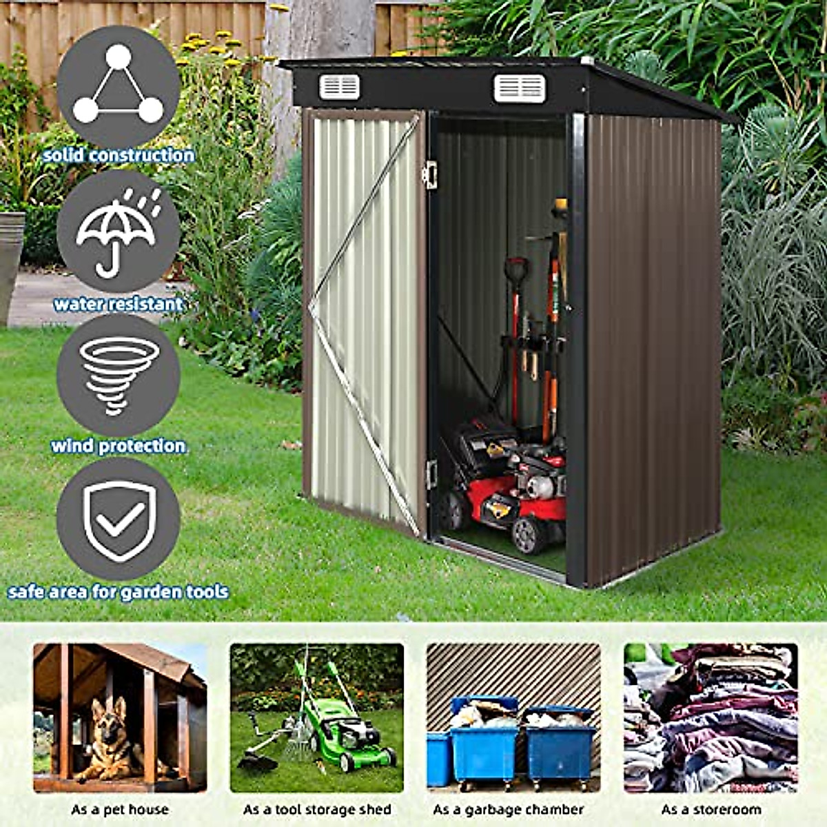 GRAVFORCE 5' x 3' Outdoor Metal Storage Shed, Outdoor Shed, Galvanized Steel Garden Shed with Single Lockable Door, Tool Storage Shed for Backyard, Patio, Lawn (Dark Grey)