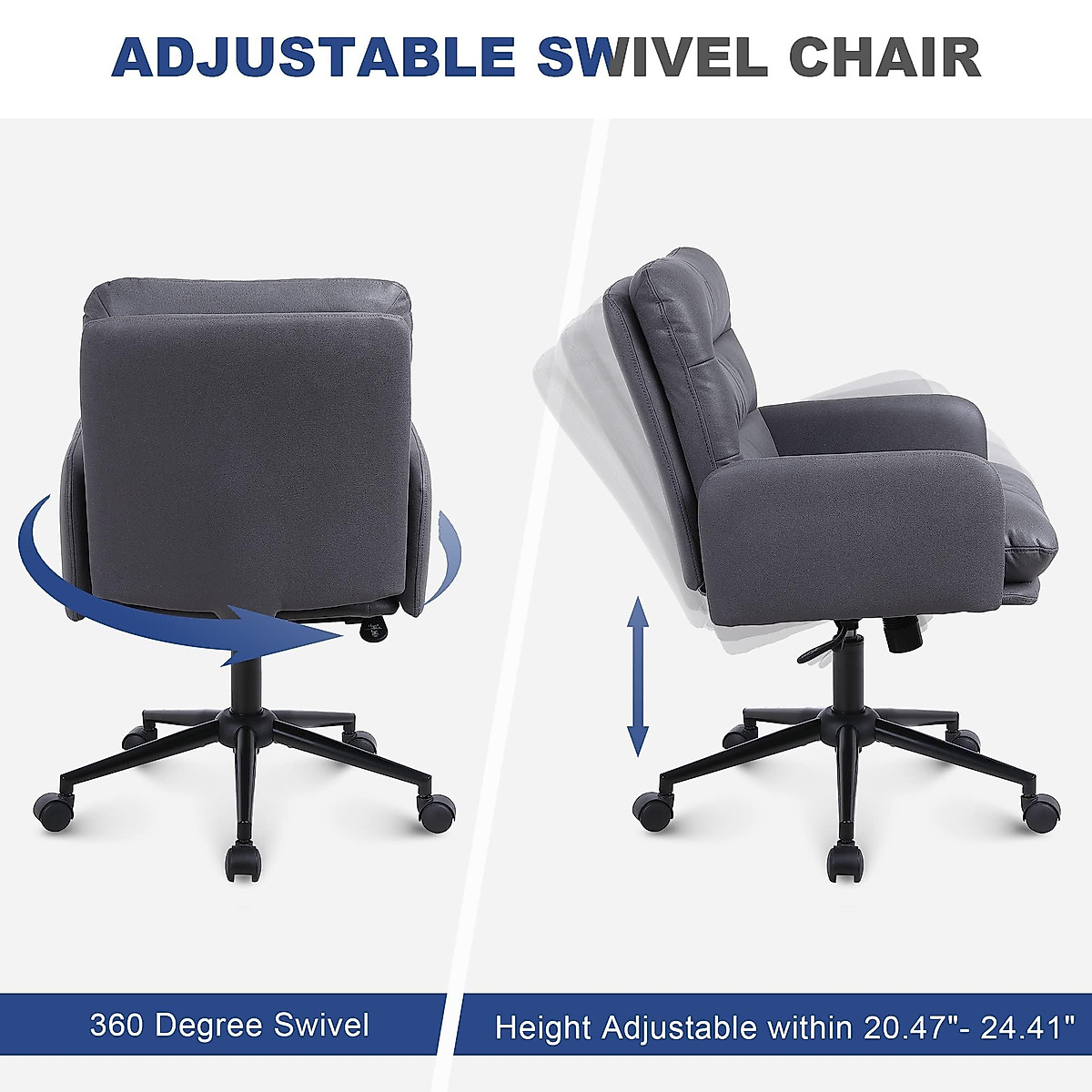 Modern Mid Back Computer Desk Chair with Wheels, Adjustable Home Office Chair, Ergonomic Upholstered Swivel Chair, Grey