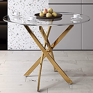 39" Round Dining Table for 6, Glass Kitchen & Dining Room Tables, Modern Circle Dining Room Table with 0.39" Tempered Glass Tabletop and Cross Stainless Steel Legs for Dinner Small Spaces (Gold Leg)