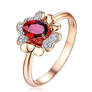 KnBoB Women Flowers Oval Shape 0.6ct Ruby Ring 18K Rose Gold Promise Wedding Engagement Bridal Anniversary Ring Size 7