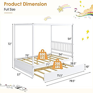 Giantex Canopy Bed with Trundle, Full Size Kids Solid Wood Platform Bed Frame w/Headboard Wooden Twin Trundle Bed for Boys Girls, No Box Spring Needed (White)