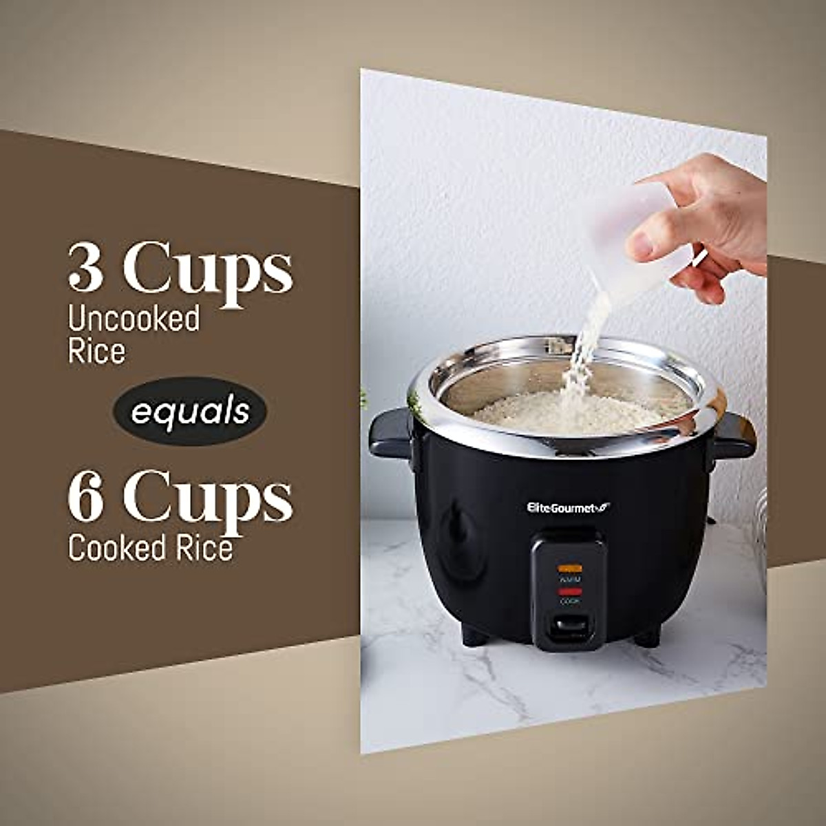 Elite Gourmet ERC006SS 6-Cup Electric Rice Cooker with 304 Surgical Grade Stainless Steel Inner Pot, Makes Soups, Stews, Porridges, Grains and Cereals, 6 cup (3 cups uncooked), Black