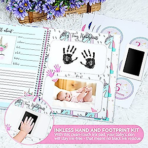 Kemella Kreations My Memory Book with Keepsake Box, Baby Milestone Stickers, Photo Corners & Footprint Kit, Unicorn Design - Baby First Five Years, Scrapbook, Journal, Photo Album for Newborn to 5 Years, Girl