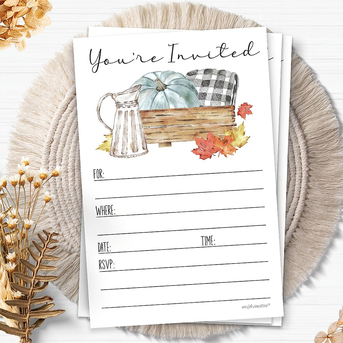 Rustic Fall Harvest Invitations - (20 Count) Autumn Country Watercolor 4x6 Invitations With Envelopes for Bridal, Baby Shower, Wedding, School, Neighborhood & Church Events