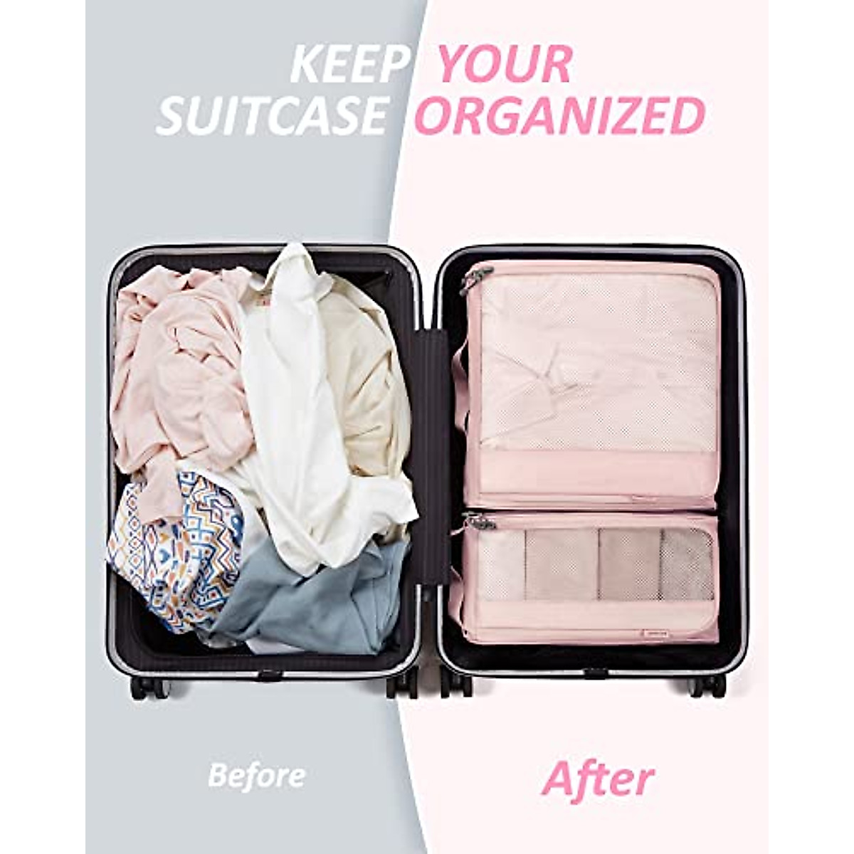 BAGSMART Keep Shape Packing Cubes, 7 Set Packing Cubes for Travel, Lightweight Travel Cubes for Packing, Suitcase Organizer Bags Set for Travel Essentials Baby Pink