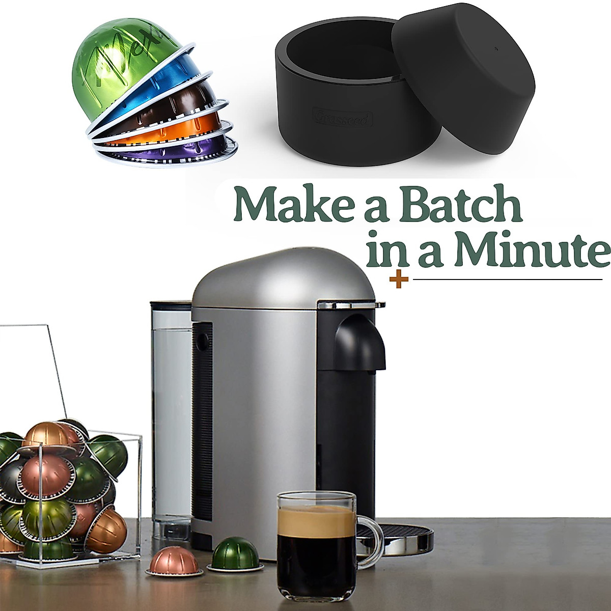 Grasseed Reusable Vertuo Capsule Kit for VertuoLine Capsules with 100Pcs Aluminum Foil Seals Lid, Holder and Brush, Fits for Refill Vertuo Pods Reusable Vertuoline Pod