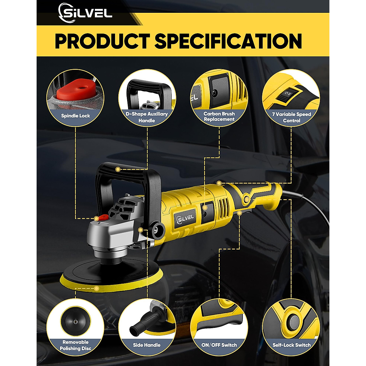 SILVEL Buffer Polisher, 1600W 7 Inch/6 Inch Polisher for Car Detailing, Wax Machine, 7 Variable Speed, with 6 Foam Pads, 3 Wool Pads, Packaging Bag, for Boat Polishing and Waxing