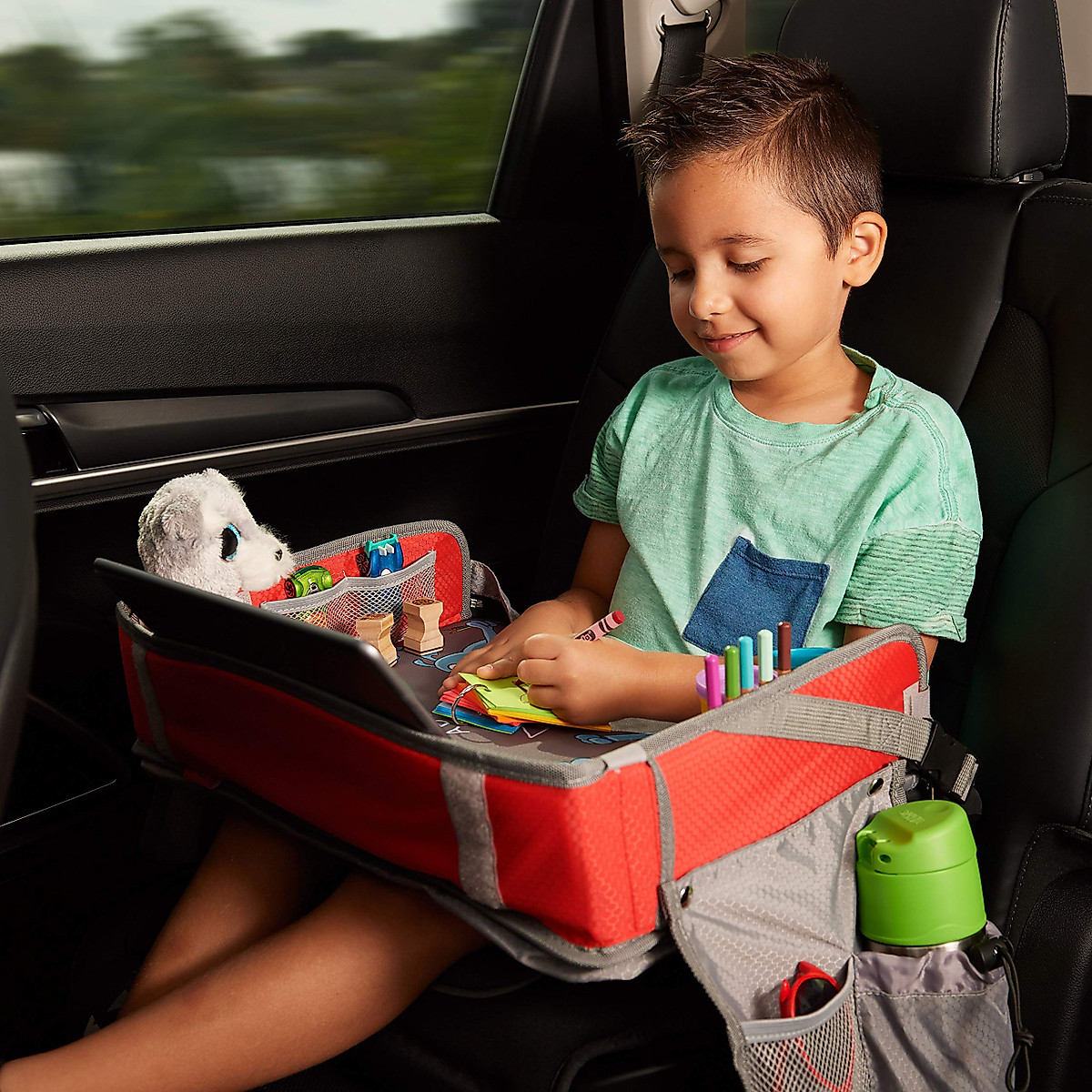 Hippococo Kids Travel Tray: Premium Portable Activity Organizer, Non-Flimsy, Padded Base, Large Storage Pocket, Sturdy Walls, Waterproof, Tablet Holder, Universal Fit - Car Seats, Strollers & Airplane