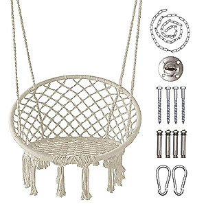 LAZZO Hammock Chair with Hanging Kit and Chain, Cotton Rope Macrame Swing, 260Pounds Capacity, 20" Width, for Indoor, Garden, Patio, Yard (Beige)