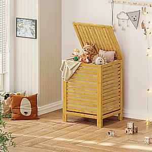 VIAGDO Laundry Hamper with Lid, 120L Large Divided Clothes Hamper, Bamboo Laundry Basket with 2 Sections Removable Liner Bag, 17.7x17.7x25.8 Inches, Natural