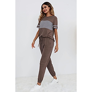 PRETTYGARDEN Women's Two Piece Lounge Sets 2025 Spring Summer Jogger Pants Vacation Outfits Travel Airplane Matching Clothes (Striped Dark Khaki,X-Large)