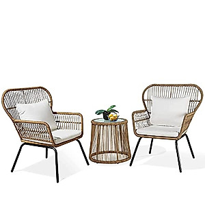 Ulax Furniture 3 Piece Outdoor Wicker Set Patio Furniture Conversation Bistro Set with Bistro Club Chairs and Side Table