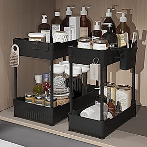 Sevenblue 2-Tier Under Sink Organizers and Storage,Under Bathroom Cabinet Organizer with Hooks Hanging Cup,Multi-Purpose Storage Shelf for Bathroom Kitchen,Black,2 Pack