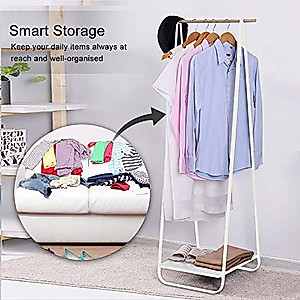 JEFEE Narrow Clothes Rack - Simple Garment Rack with Shelf 1-Tier Coat Clothing Organizer Storage for Small Space, Entryway, Bedroom, White…